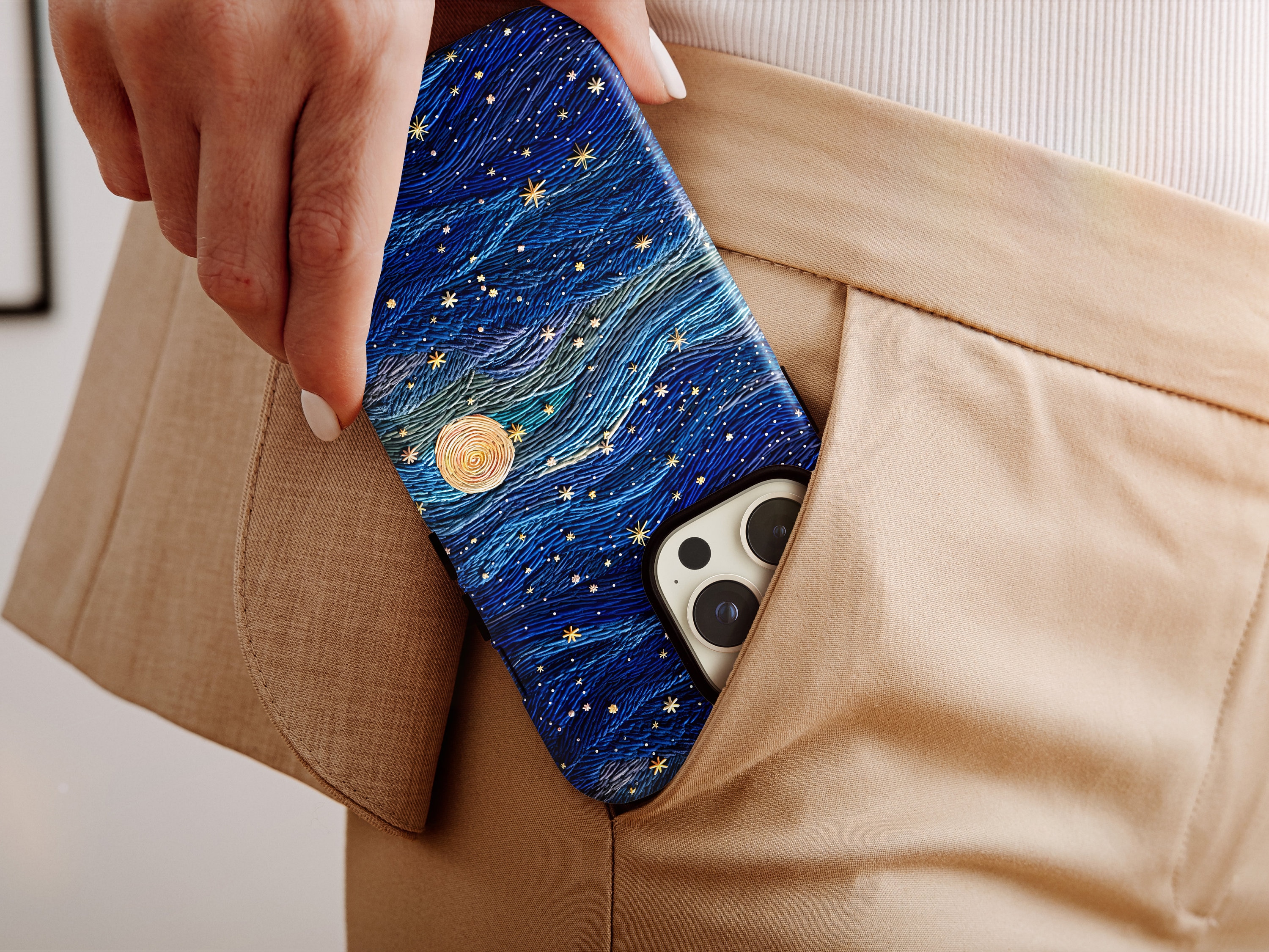 Starry Night Embroidered Look Phone Case, Celestial Night Sky Dark Blue ...