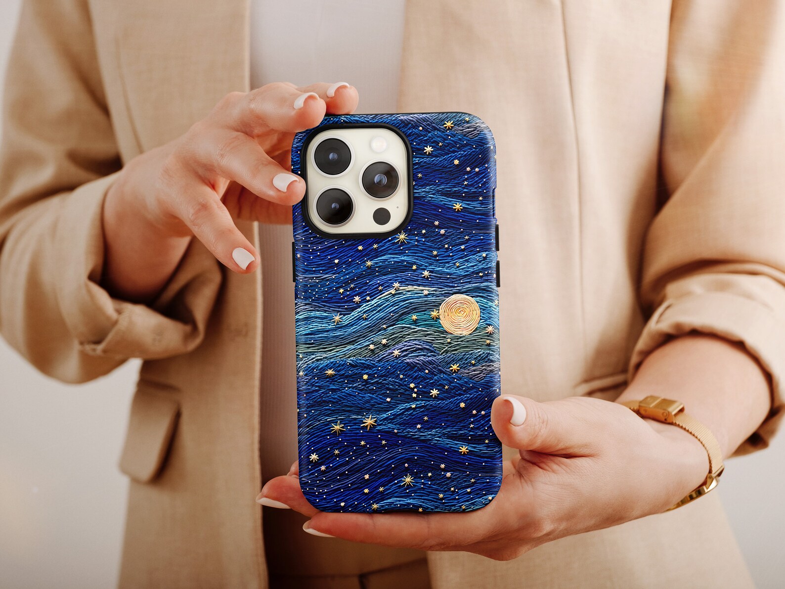 Starry Night Embroidered Look Phone Case, Celestial Night Sky Dark Blue ...
