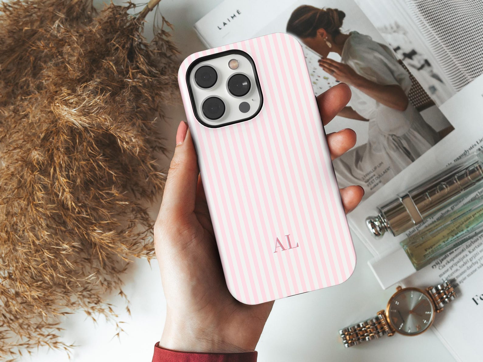 Pink Striped Phone Case: Custom Monogram, Trendy Preppy Cover iPhone 17 ...