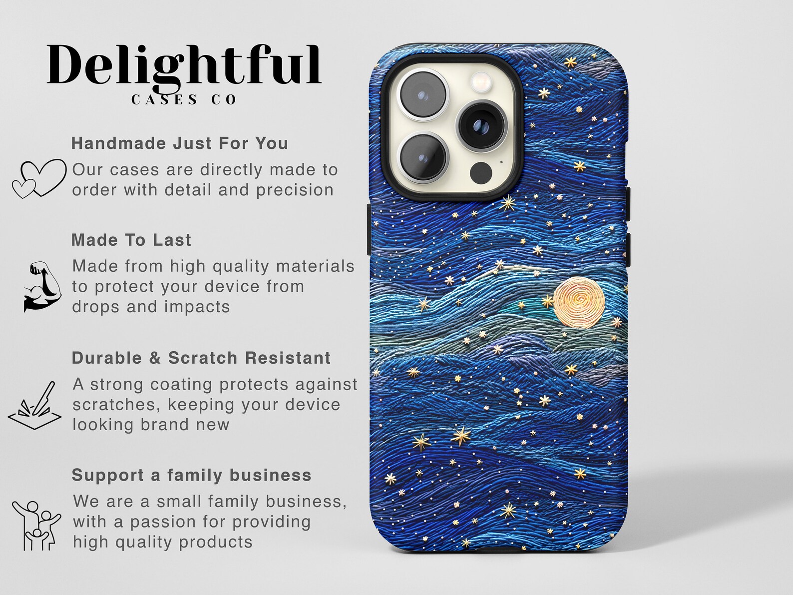 Starry Night Embroidered Look Phone Case, Celestial Night Sky Dark Blue ...