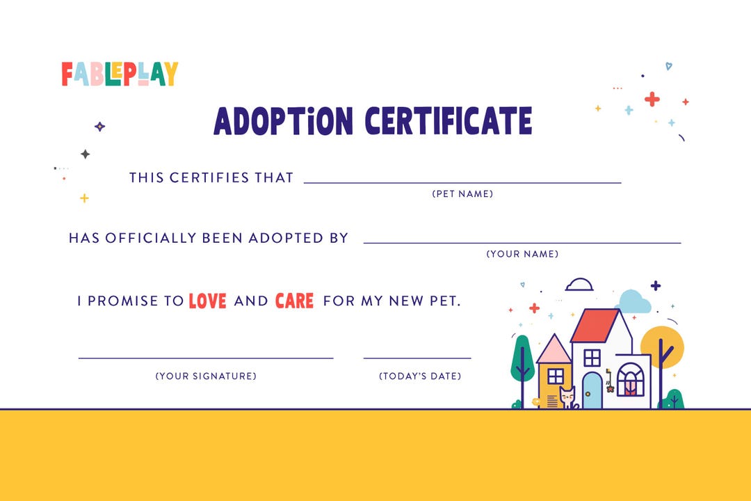 Pretend Play Pet Adoption Certificate - Etsy