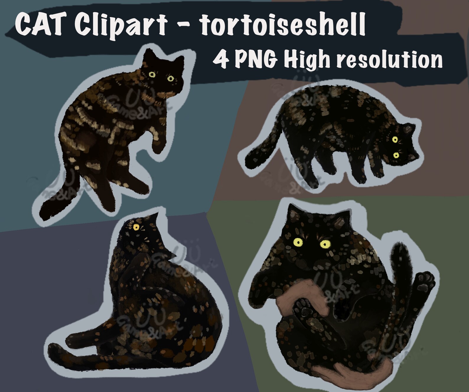 Tortoiseshell Cute Cat Clipart Bundle PNG | Mystical Calico Cat ...