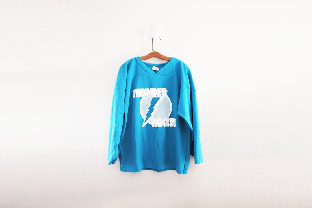 Vintage 80s THUNDER Teal Blue Mens Hockey Shirt Athletic Jersey Shirt ...