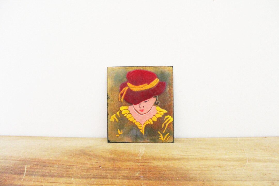 Vintage 70s Enamel on Copper Lady in the Red Hat Small Rectangular Wall ...