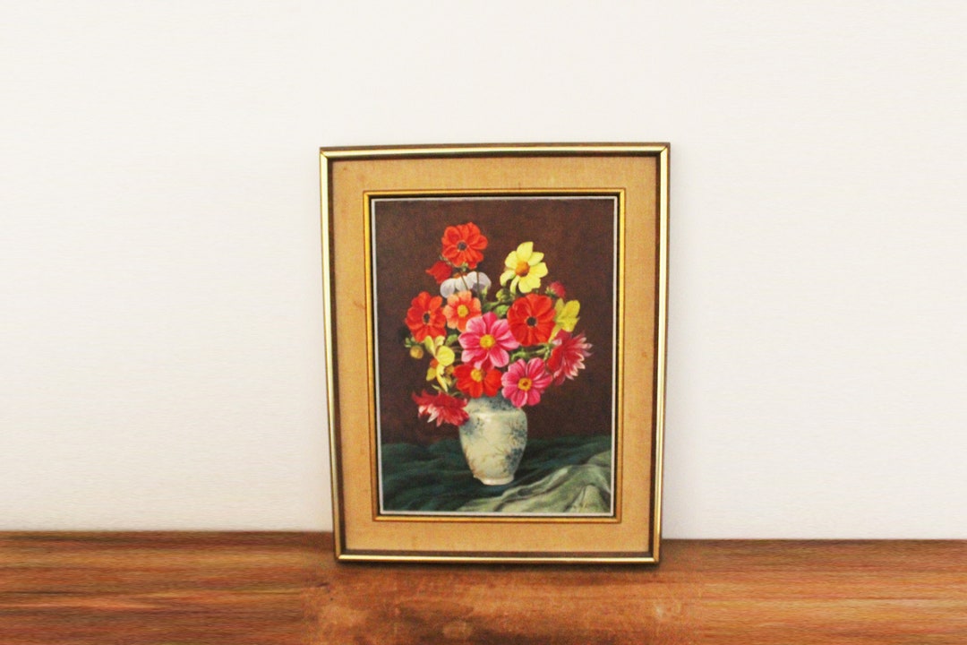 Vintage 60s Hans N. Liebl Colorful Zinnia Summer Flowers in Blue Vase ...