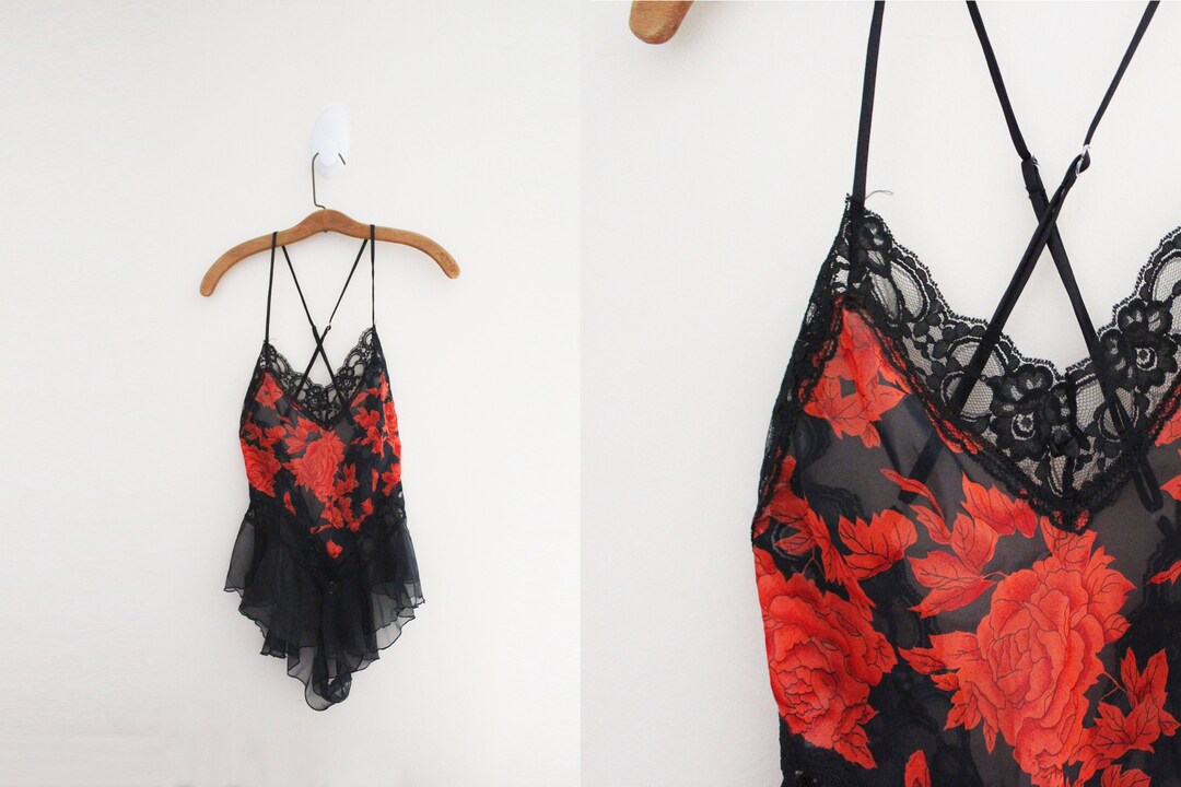 Vintage 70's Sheer Black Red Floral Front Ruffle Bottom Teddy Romper ...
