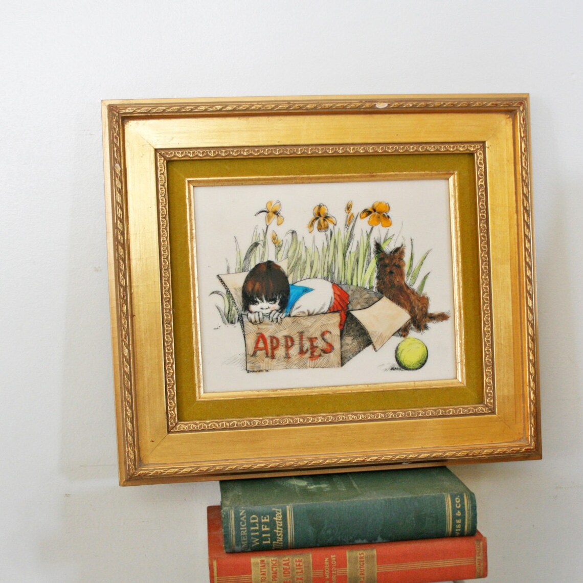 Vintage 70s Sailor Girl Hiding in the Apples Framed Picture // Novelty ...