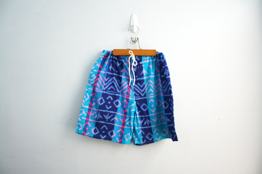 Vintage 80s Neon Speedo Surf Board Shorts Batik Style Cotton Shorts Sz ...