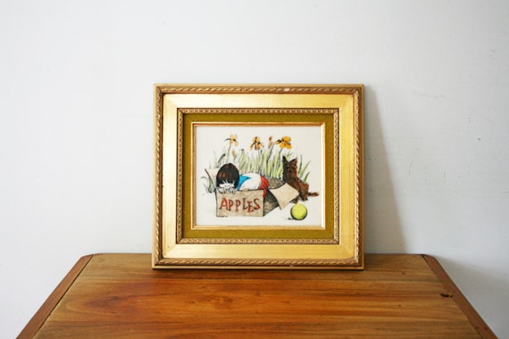 Vintage 70s Sailor Girl Hiding in the Apples Framed Picture // | Etsy
