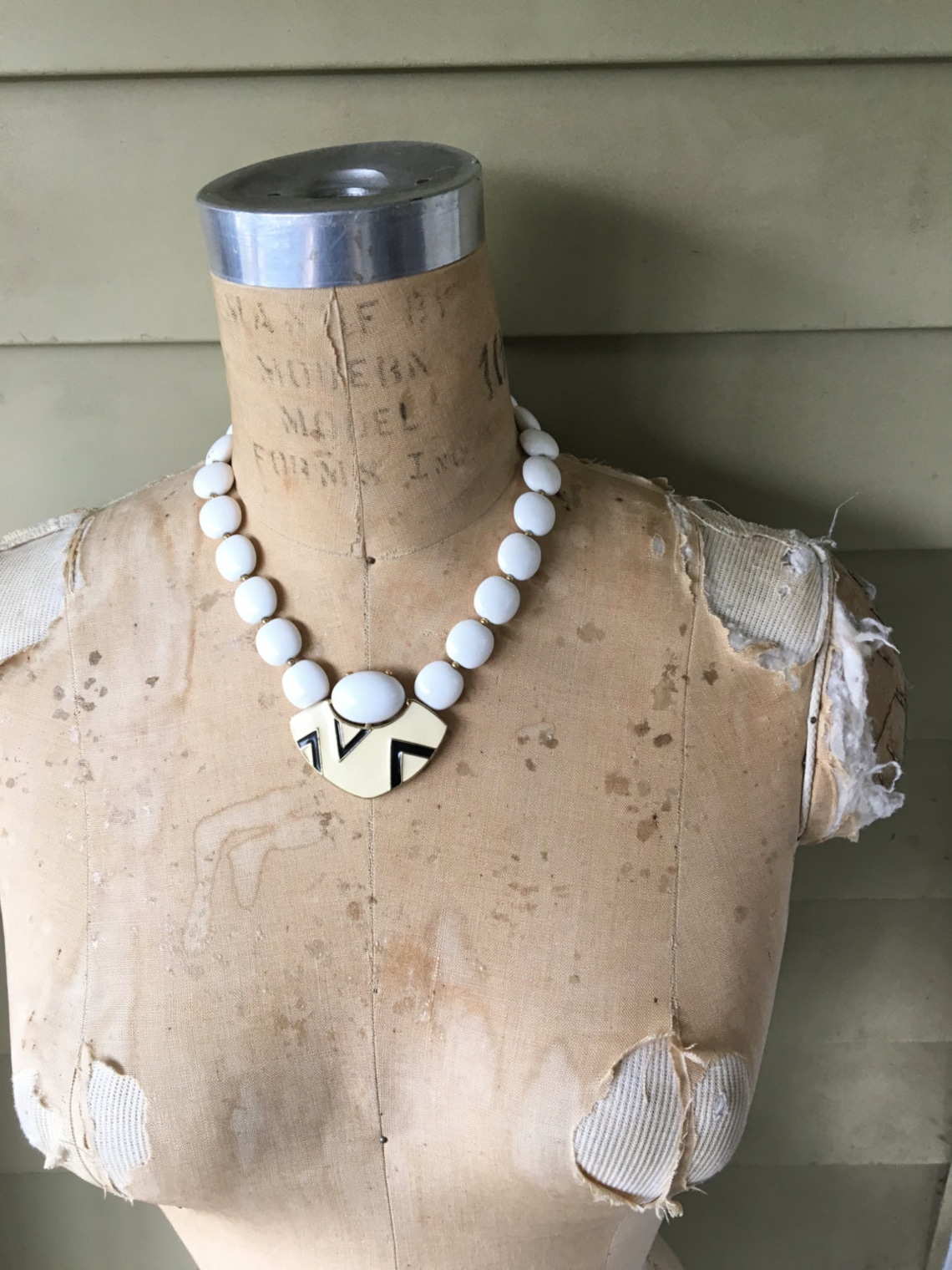Vintage 80s Trifari Black & White Enamel Pendant and White Beaded Bead ...