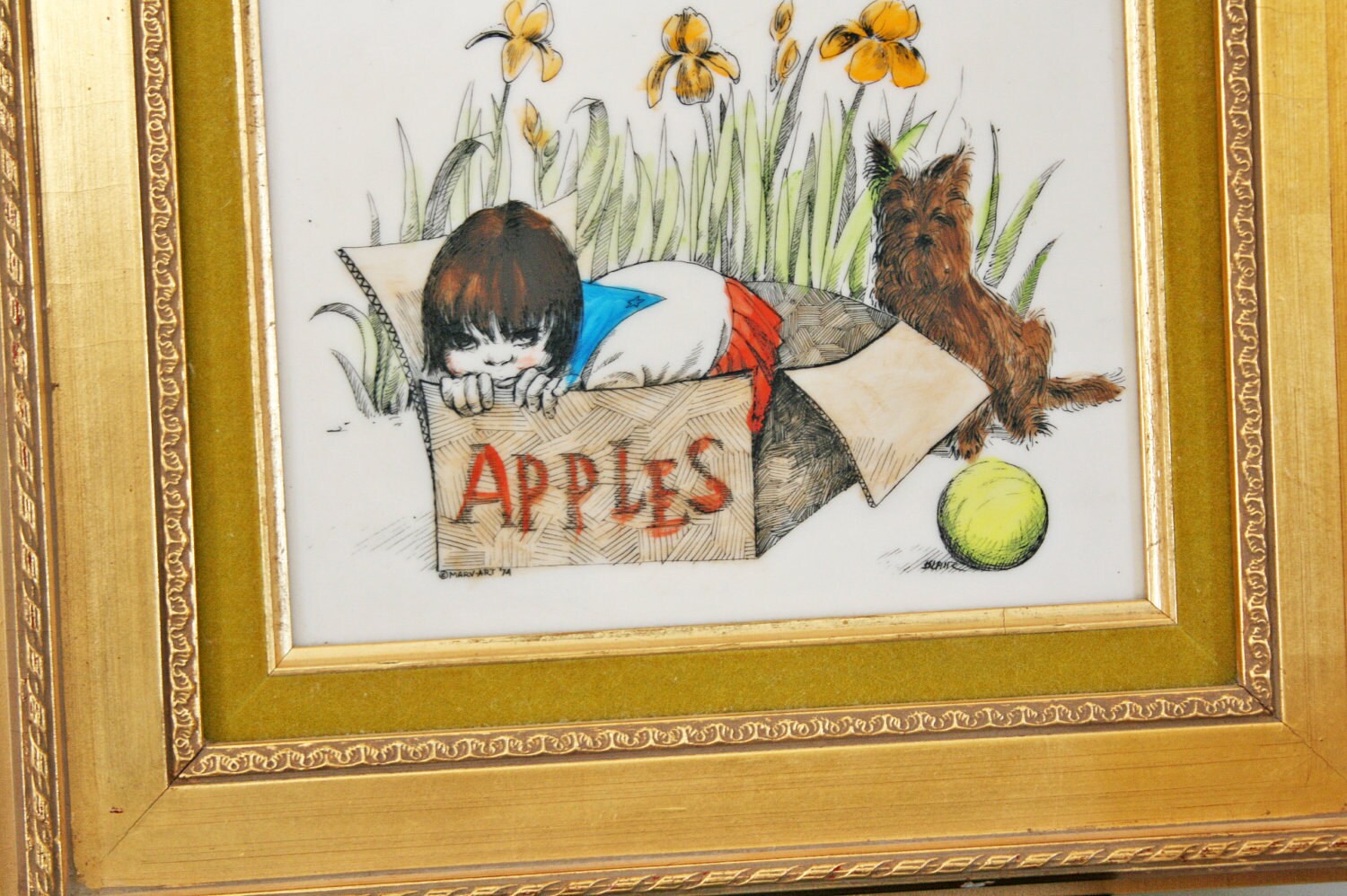 Vintage 70s Sailor Girl Hiding in the Apples Framed Picture // Novelty ...