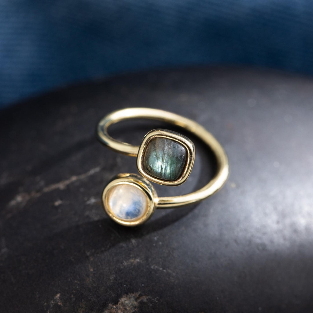 Natural Moonstone Labradorite Ring: 14k Gold Copper Adjustable Bezel ...