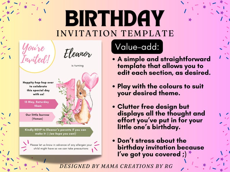 First Birthday Invitation Template | Flopsy Bunny Birthday Party ...