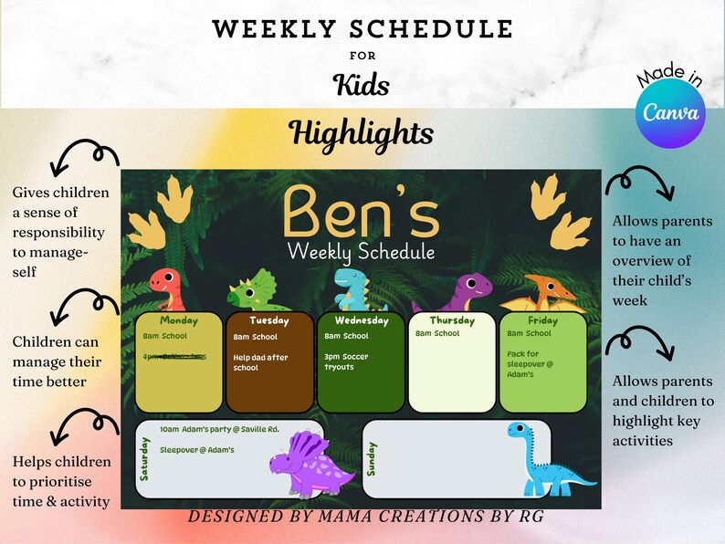Dinosaur Kids Weekly Schedule: Editable Planner (canva) - Etsy
