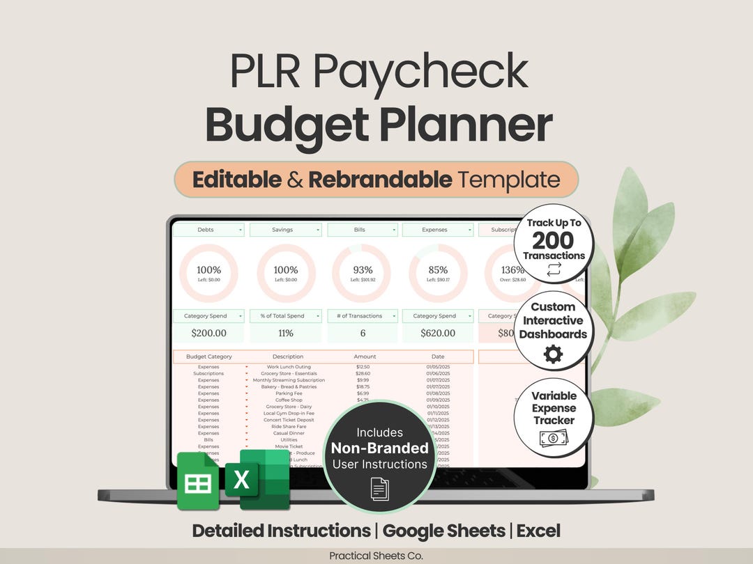 PLR Budget Planner Excel Template Private Label Rights Google Sheets ...