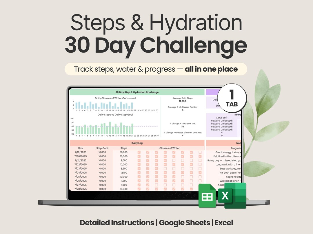 Water Tracker Google Sheets 30 Day Challenge Excel Step Tracker ...