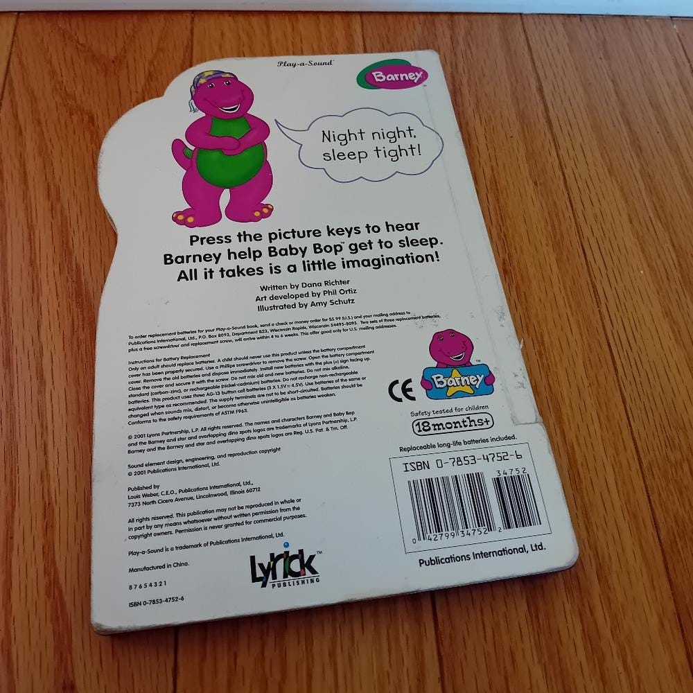 2001 Vintage Y2K Good Night Barney Play-a-sound Talking Book by Dana ...