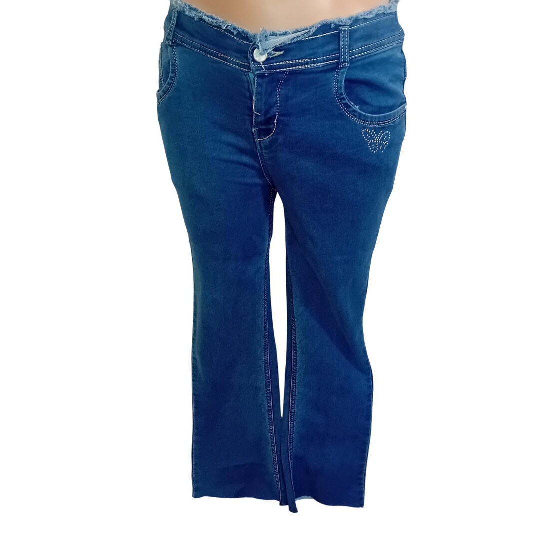 Y2K Paris Jeanswear Denim Jean Medium Wash Rhinestone Butterfly Frayed ...