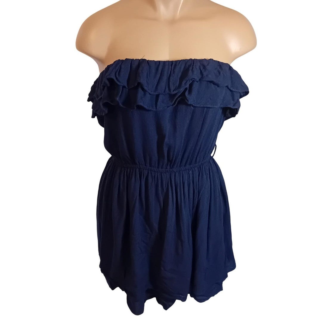 YDE Y2K Navy Blue off Shoulder Ruffle Mini Dress Minimalist M No STRAPS ...