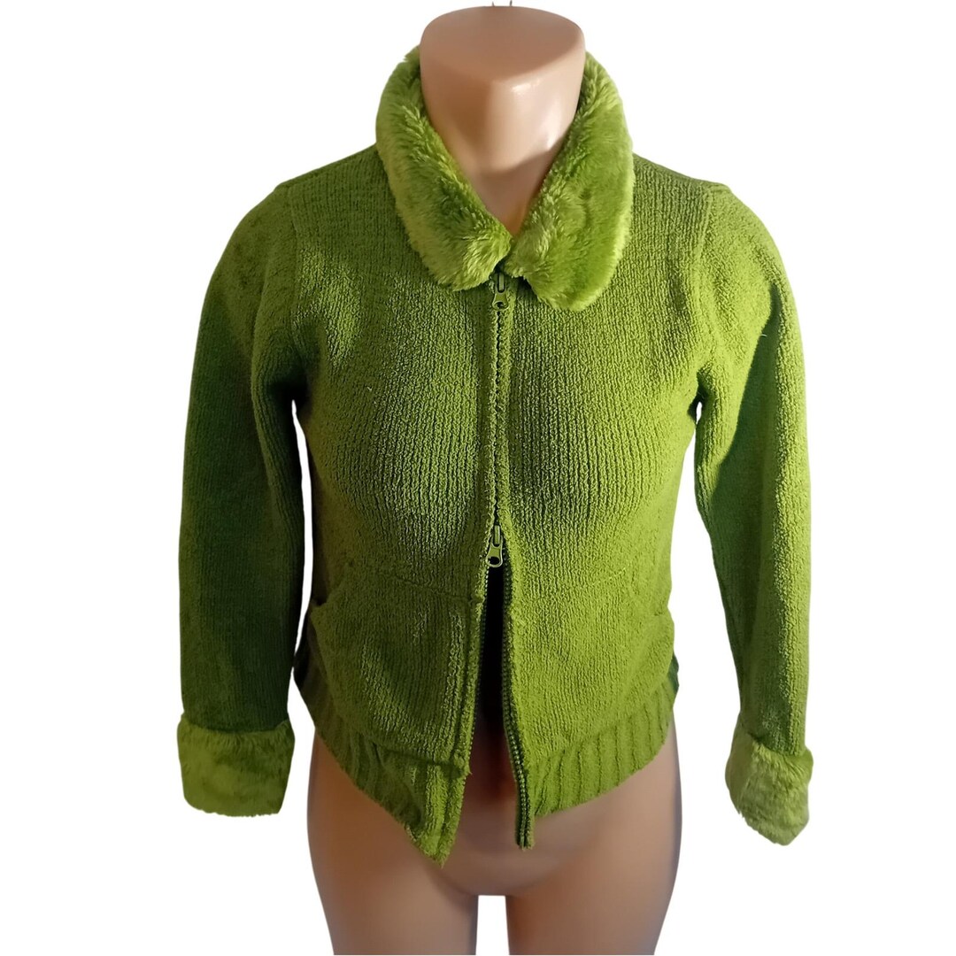 Y2K Demi Tour Mcbling Chenille Chartreuse Double Zip Hoodie W Faux Fur ...