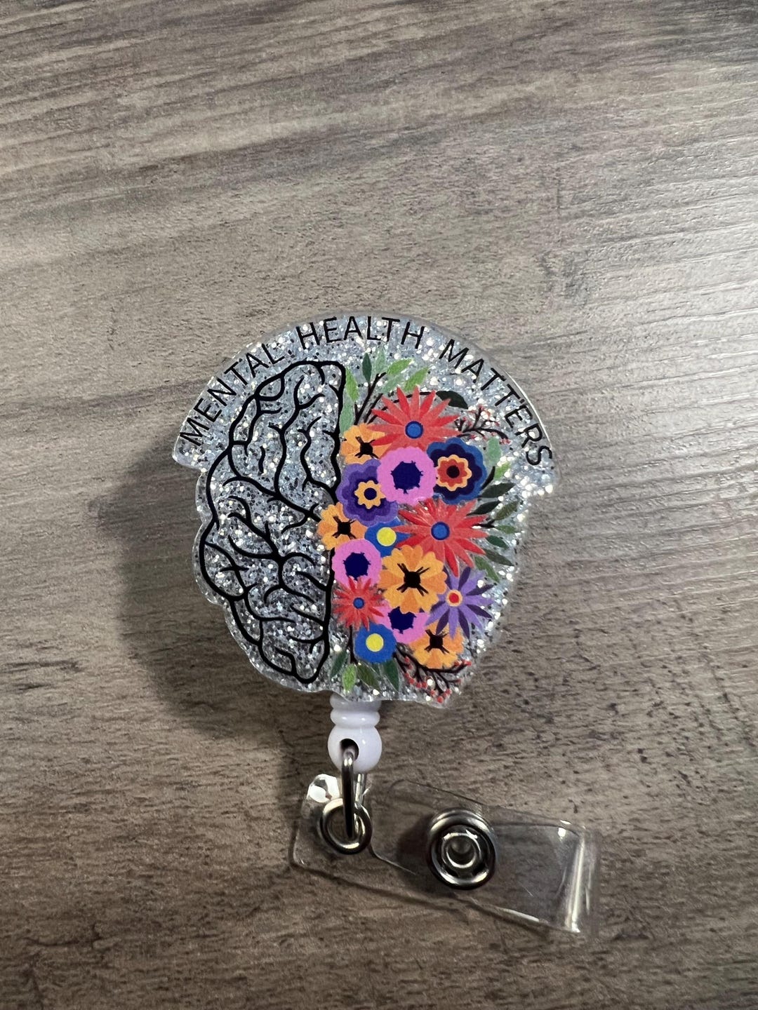 Mental Health Brain With Glitter Badge Reel Sparkly Brain Retractable ...