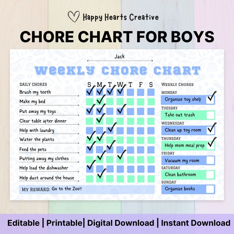 Editable Chore Chart for Boys | Printable Daily Weekly Responsibility ...