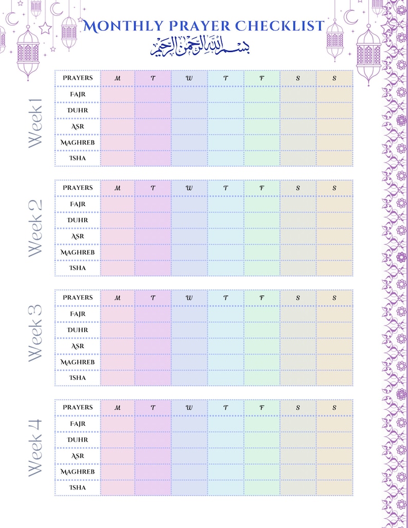 Monthly Prayer Checklist Printable Islamic Prayer Tracker Digital ...