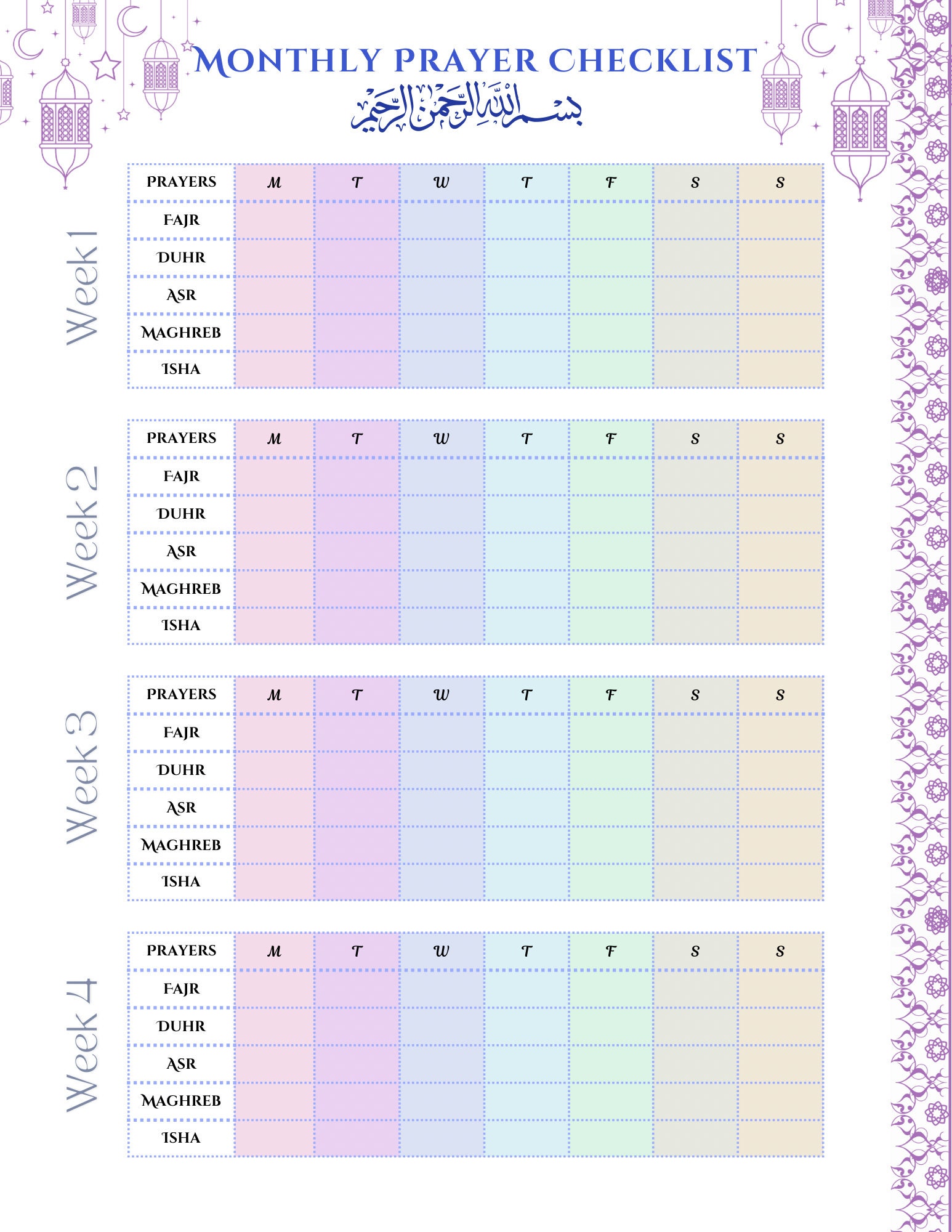 Monthly Prayer Checklist Printable Islamic Prayer Tracker Digital ...