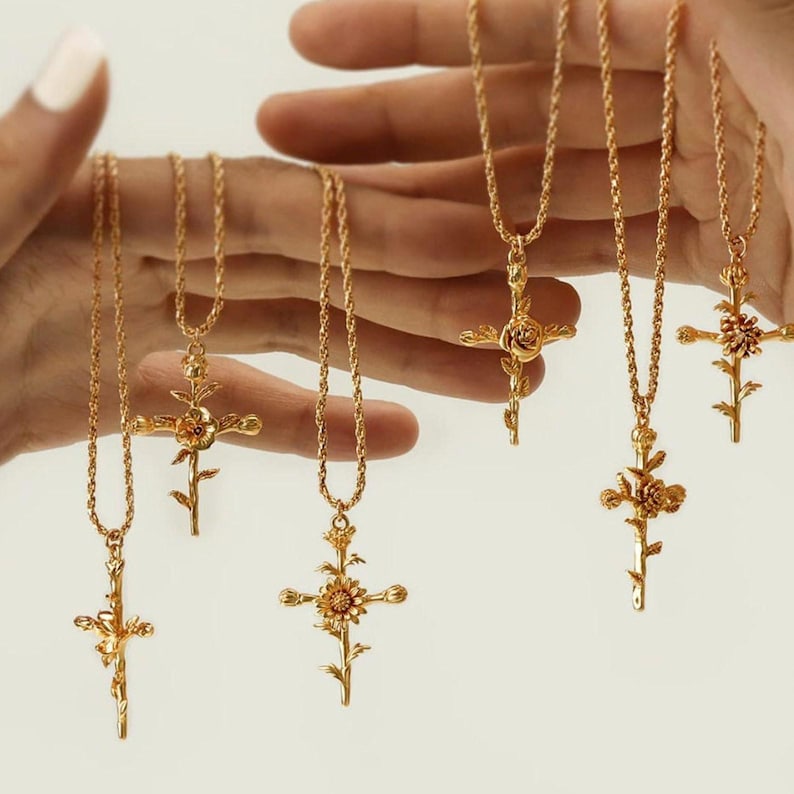 Floral Birth Flower Cross Pendant Necklace, Ideal Mother's Day Gift ...
