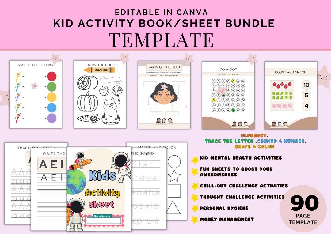 90 Pages Kids Activity Sheets Canva Template Editable & Printable ...