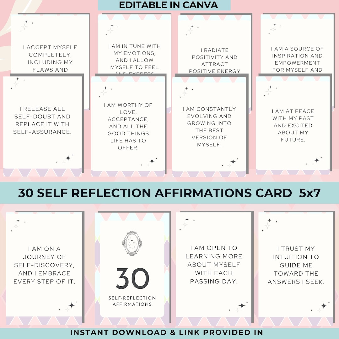 30 Editable Self Reflection Affirmation Cards, Printable Vision Board ...
