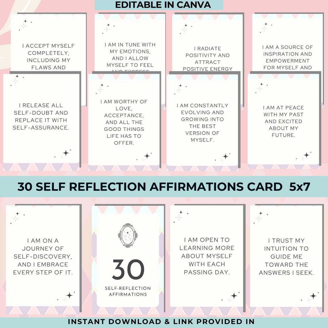 30 Editable Self Reflection Affirmation Cards, Printable Vision Board ...