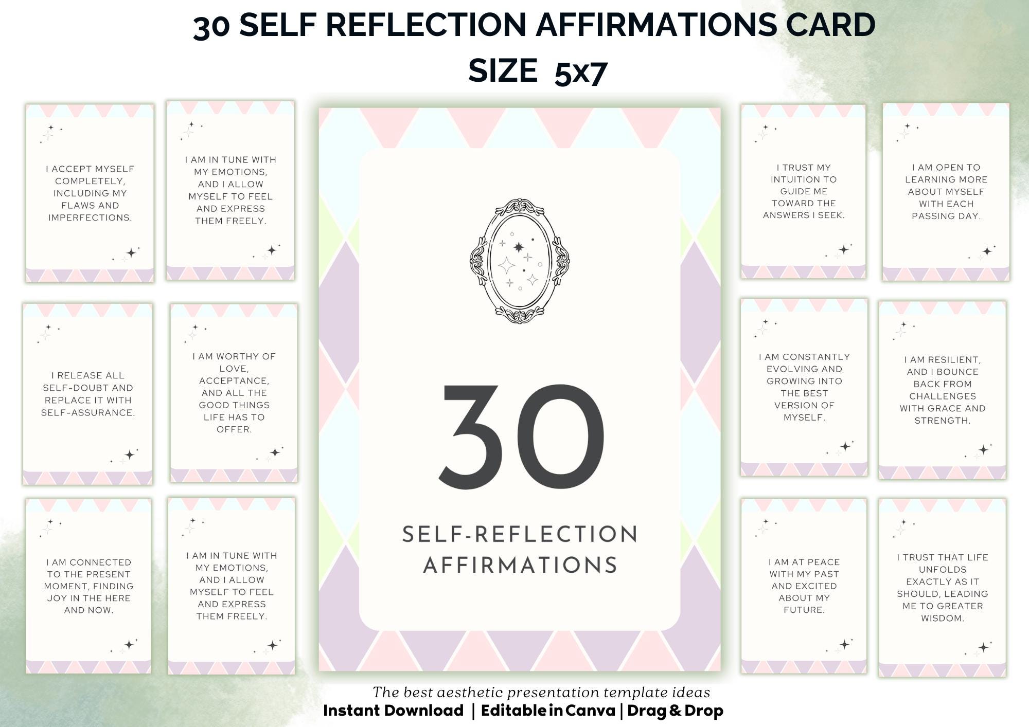 30 Editable Self Reflection Affirmation Cards, Printable Vision Board ...