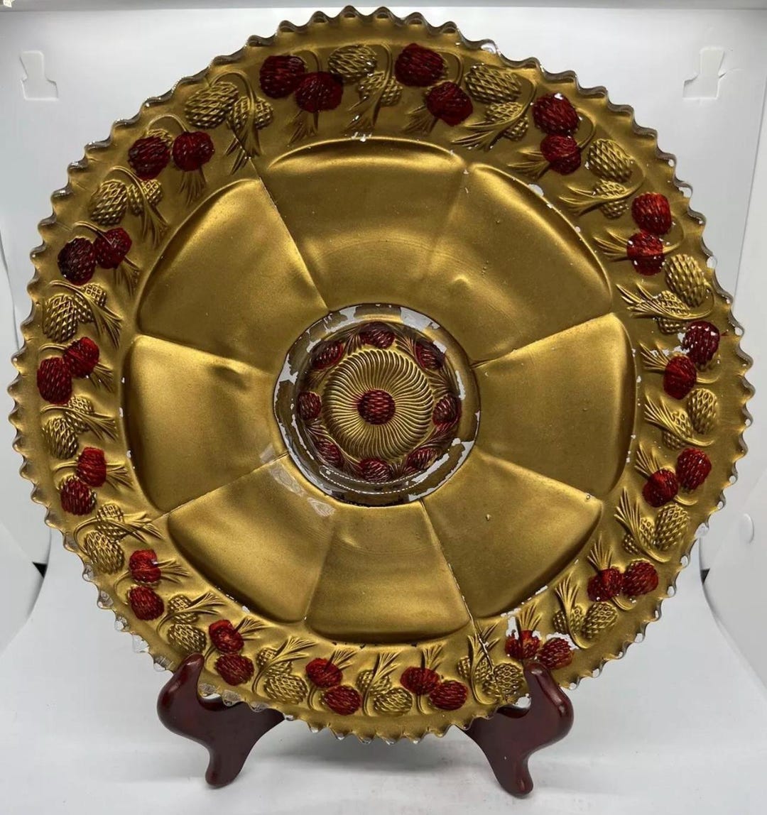 Antique Goofus Glass Plate Gold With Red Intaglio Berries Scallped Edge ...