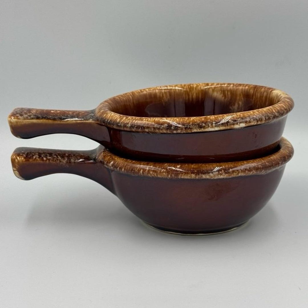 2 Vintage 1960s Hull Pottery Brown Drip Glaze Soup Bowls With Handles ...
