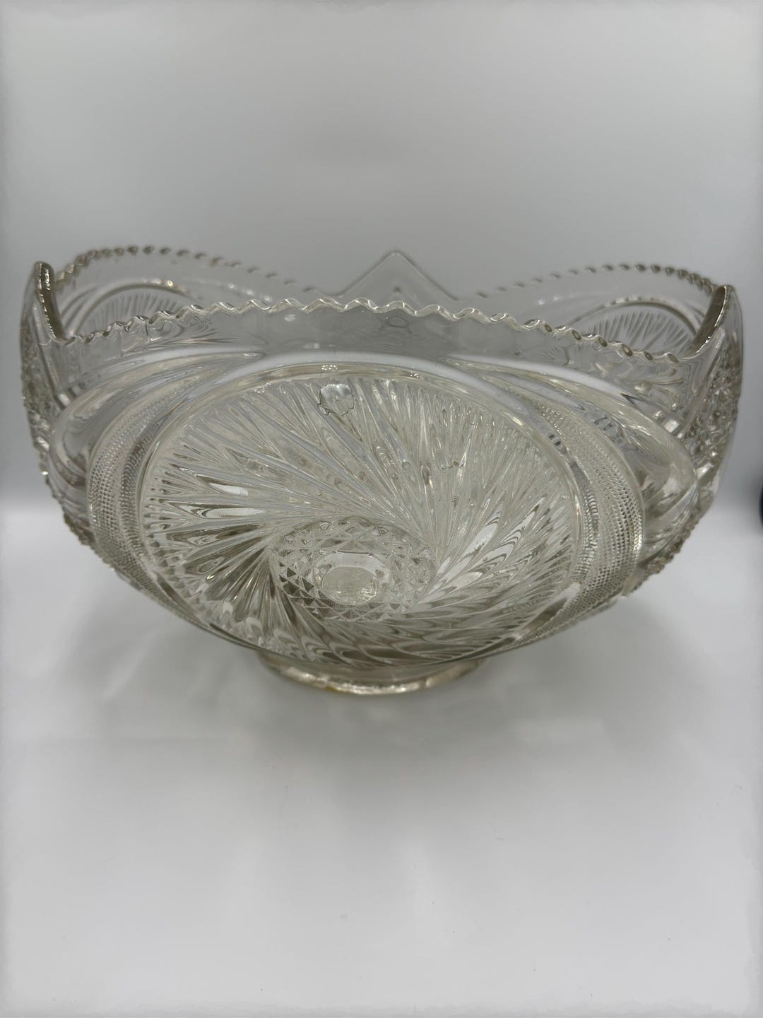 L.E. Smith Mckee EAPG Punch Bowl and 12 Punch Cups Set Aztec Pinwheel ...