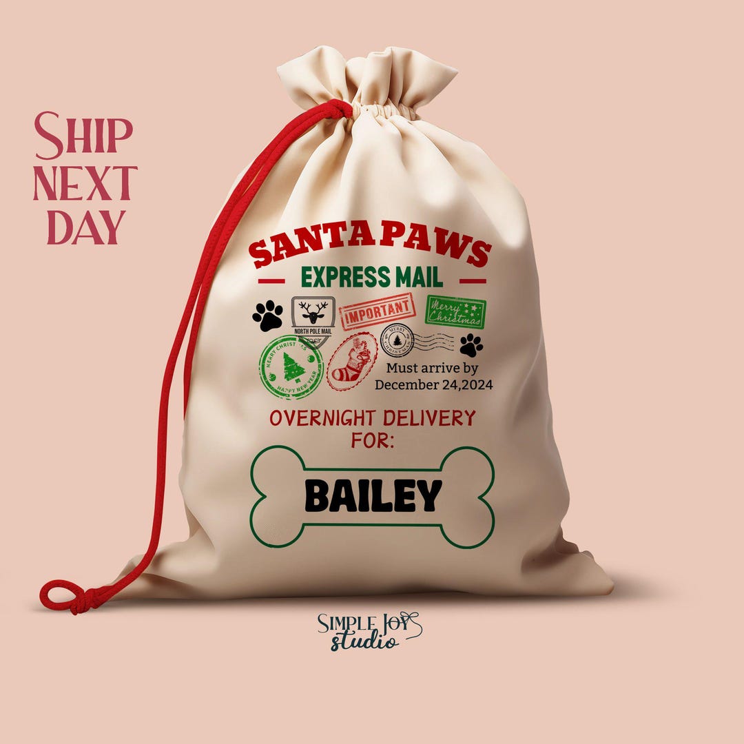 Personalized Santa Paws Overnight Delivery Gift Bag, Custom Santa Sack ...