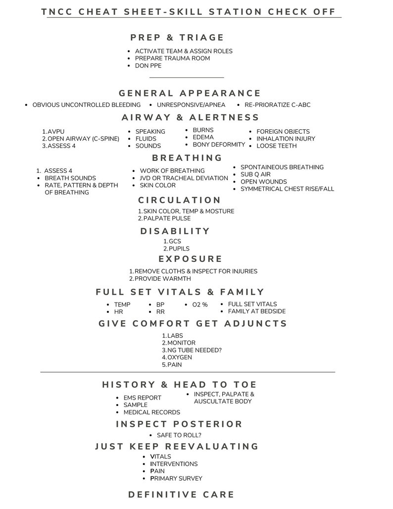 TNCC Study Guide, TNCC Skills Check off Condensed Study Guide, Trauma Nurse, ER Study Guide for ...