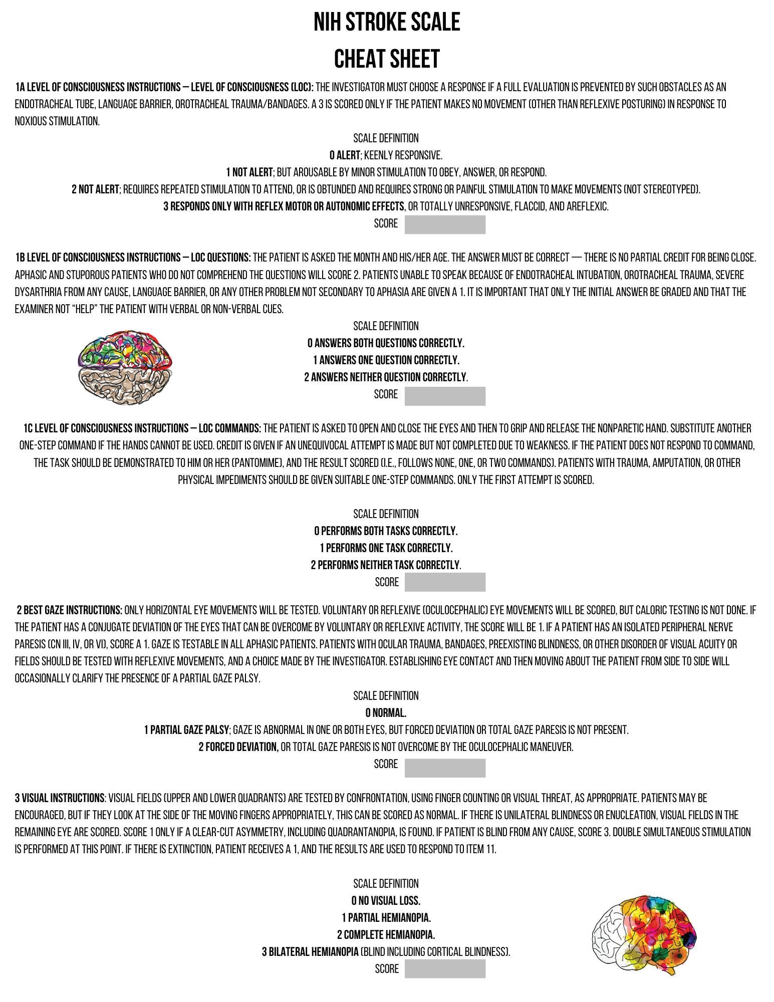 NIH Stroke Scale Cheat Sheet for Nurses, NIH Stroke Score, Neuro ICU ...
