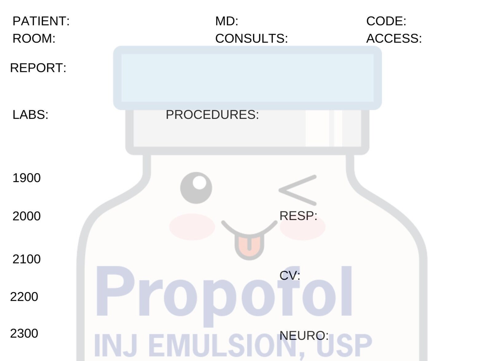 Nursing Report Sheet mit Propofol-Hintergrund, lustige Tag / Nacht ...