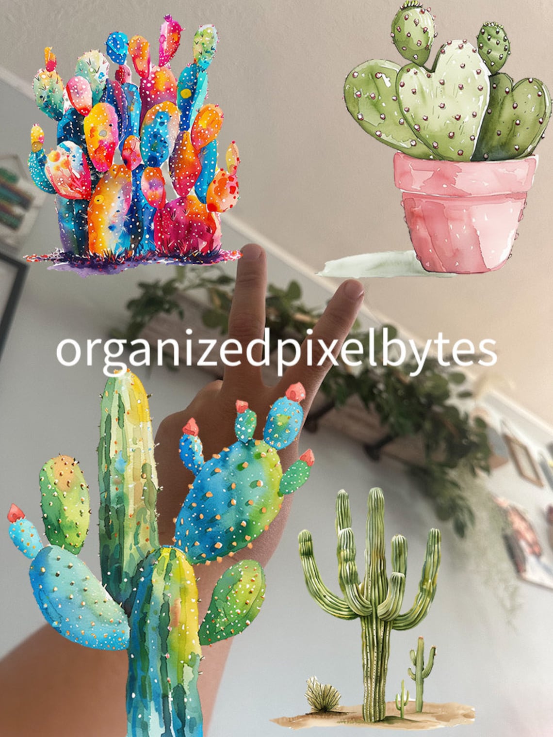 Watercolor Cactus Clip Art Bundle PNG Digital Scrapbook Watercolor Clip ...