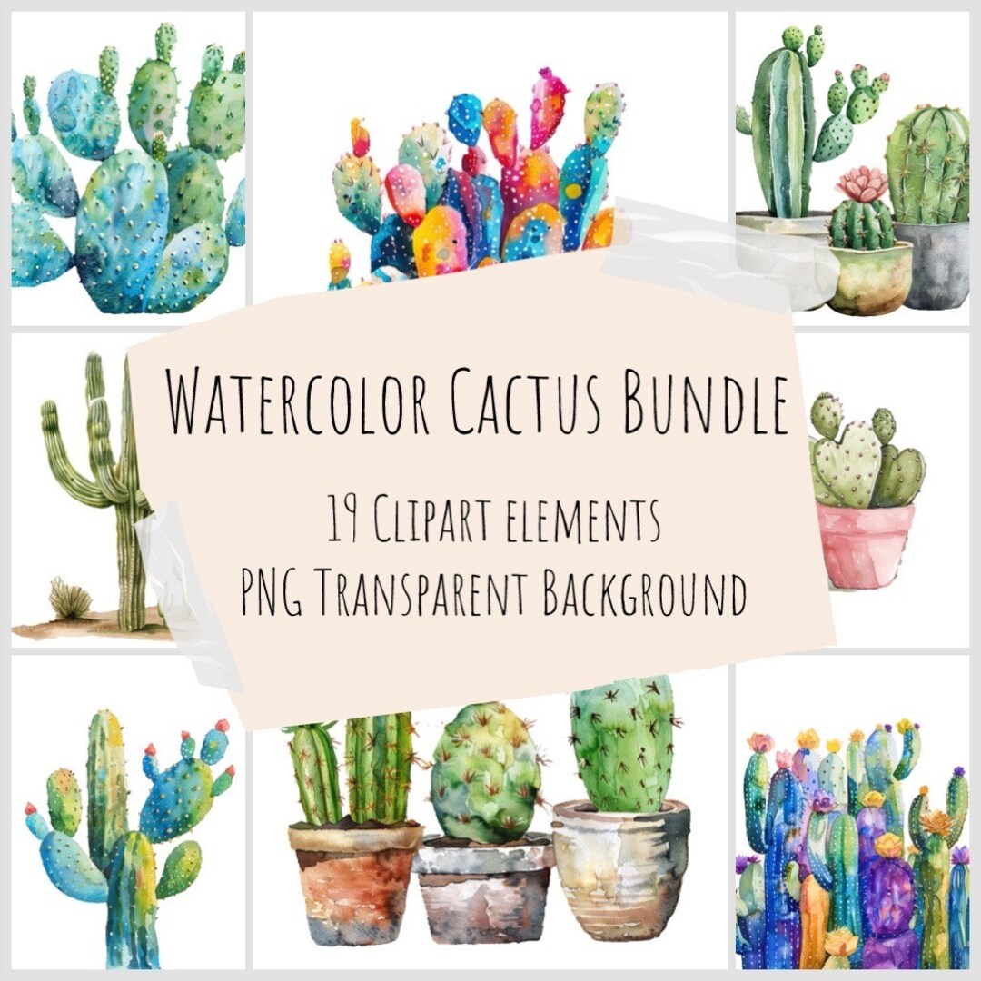 Watercolor Cactus Clip Art Bundle PNG Digital Scrapbook Watercolor Clip ...