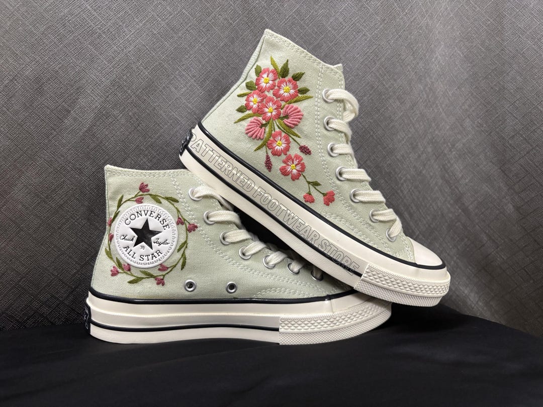 Custom Converse, Red Flower Embroidered Converse High Tops, Converse ...