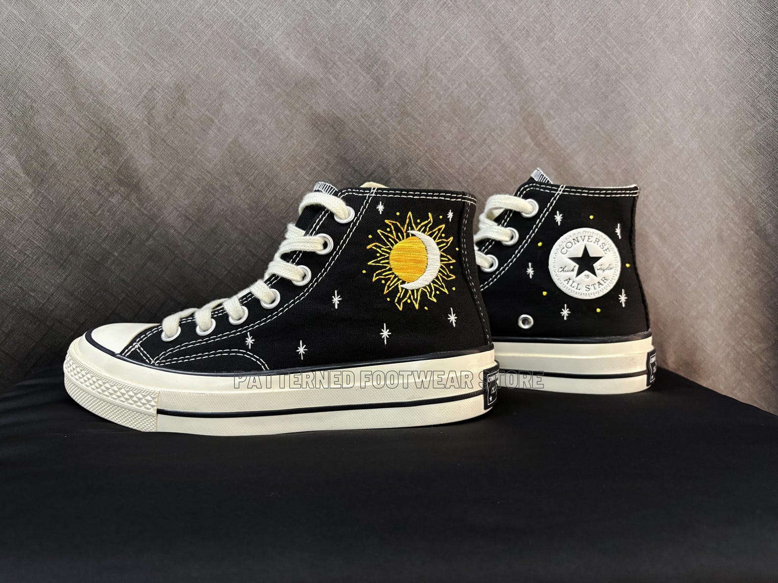 Embroidered Converse High Tops, Moon & Sun, Custom Black Sneakers - Etsy