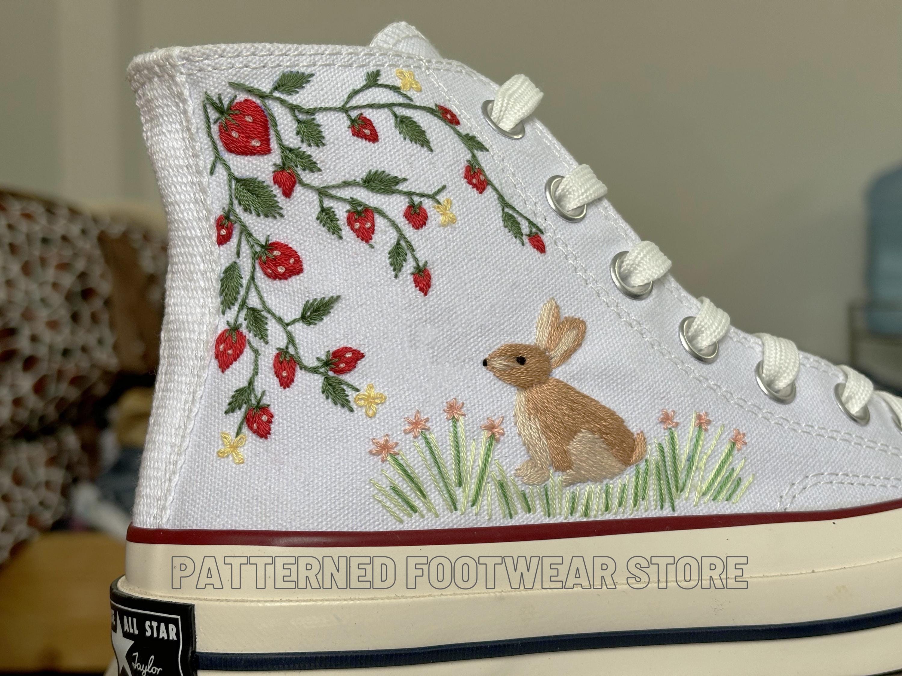 Embroidered Converse High Tops, Rabbit and Strawberry, Flower Shoes - Etsy