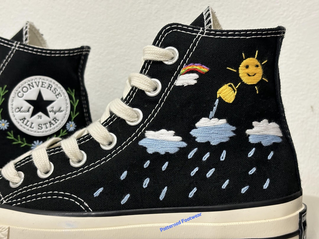 Rain Embroidered Converse High Tops, Black Flower Converse - Etsy