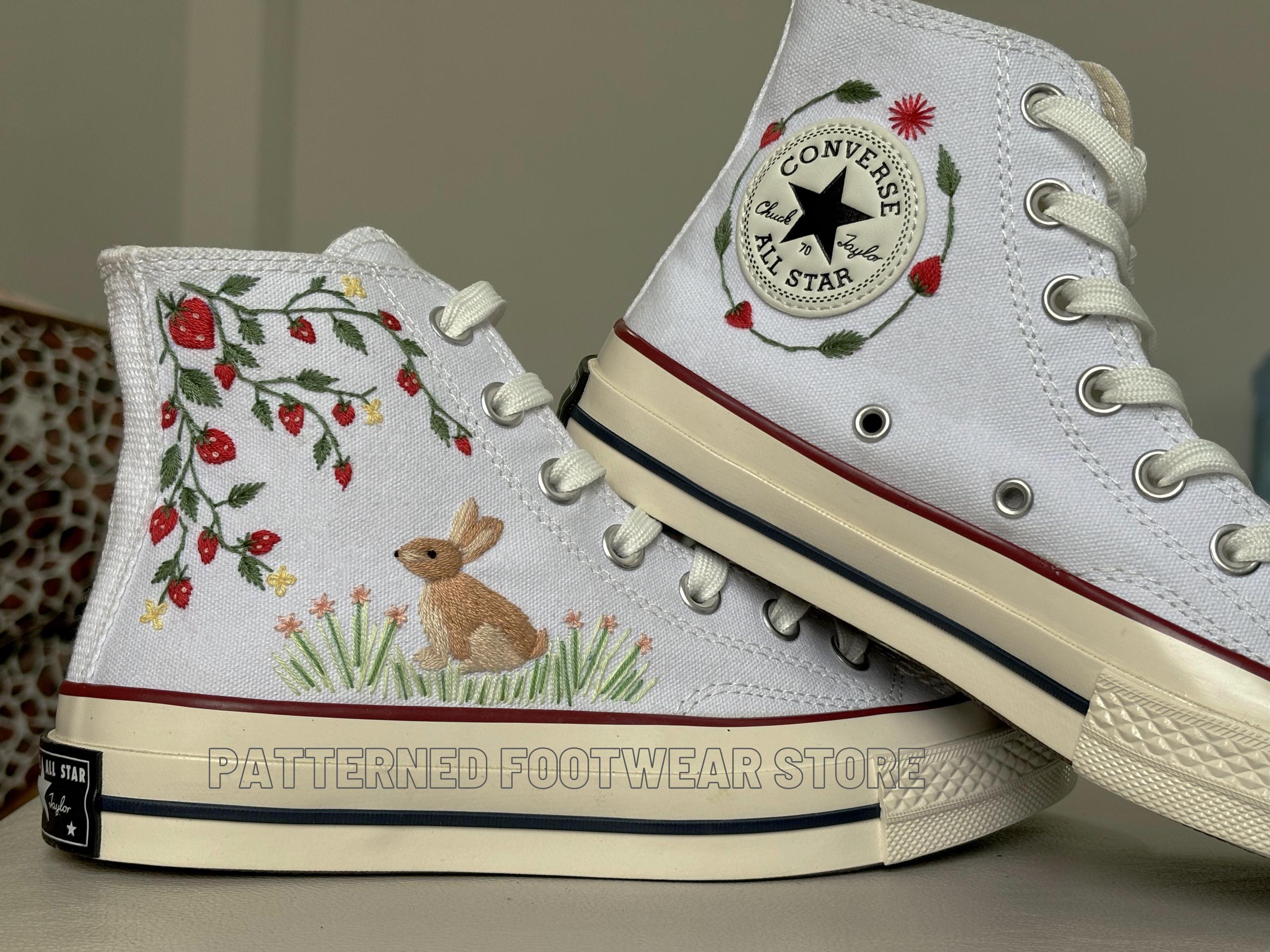 Embroidered Converse High Tops, Rabbit and Strawberry, Flower Shoes - Etsy