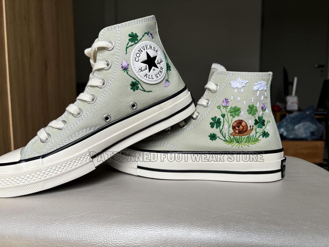 Flowers and Snail Embroidered Converse | Four Leaf Clover Converse ...