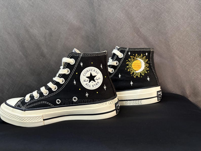 Embroidered Converse High Tops, Moon & Sun, Custom Black Sneakers - Etsy
