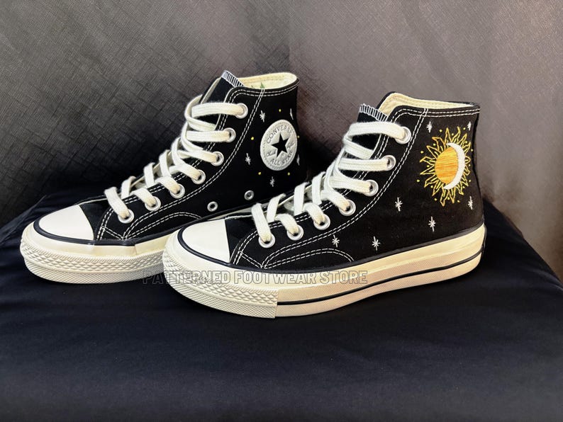 Embroidered Converse High Tops, Moon & Sun, Custom Black Sneakers - Etsy